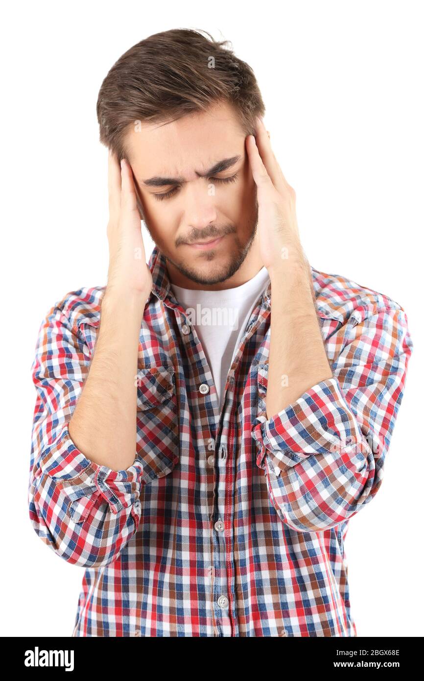 Young men have headache isolated on white Stock Photo - Alamy