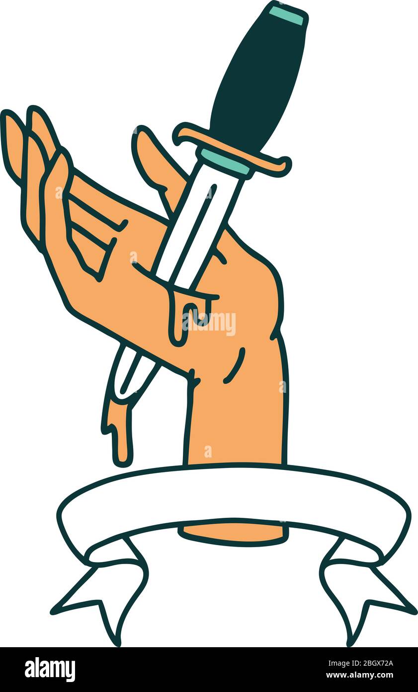 traditional tattoo with banner of a dagger in the hand Stock Vector ...