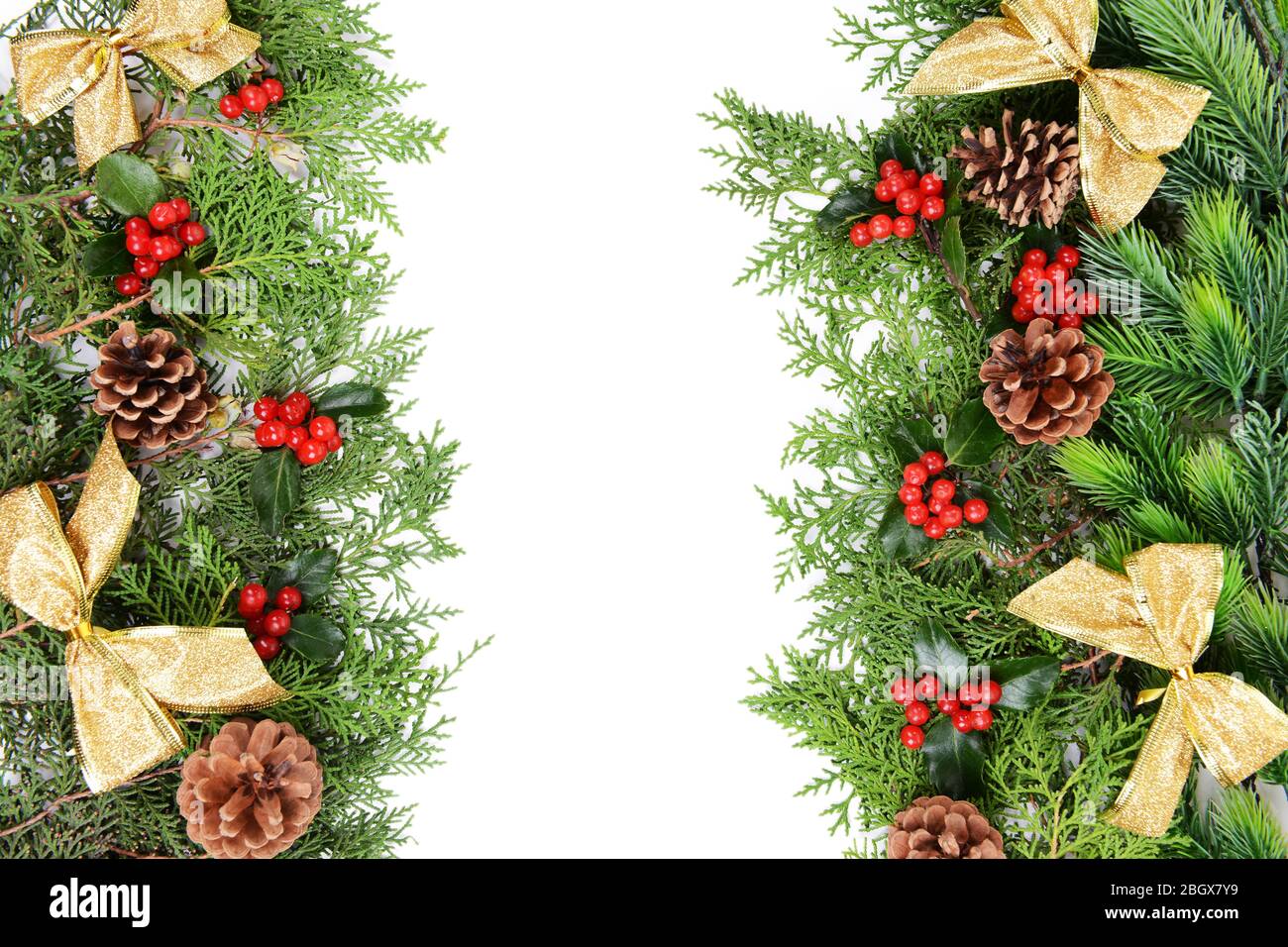 Beautiful Christmas border from fir and mistletoe on white background ...