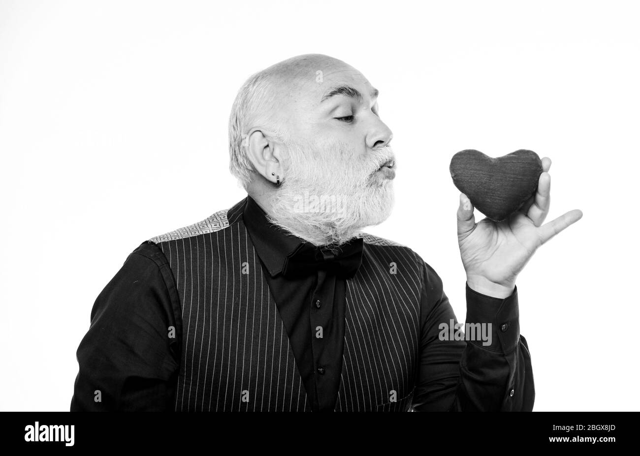 Health care. Senior bald head bearded man hold red heart. Heart problem ...