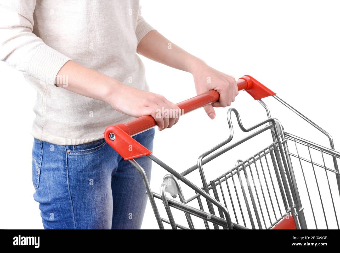 Woman with trolley isolated on white Stock Photo - Alamy