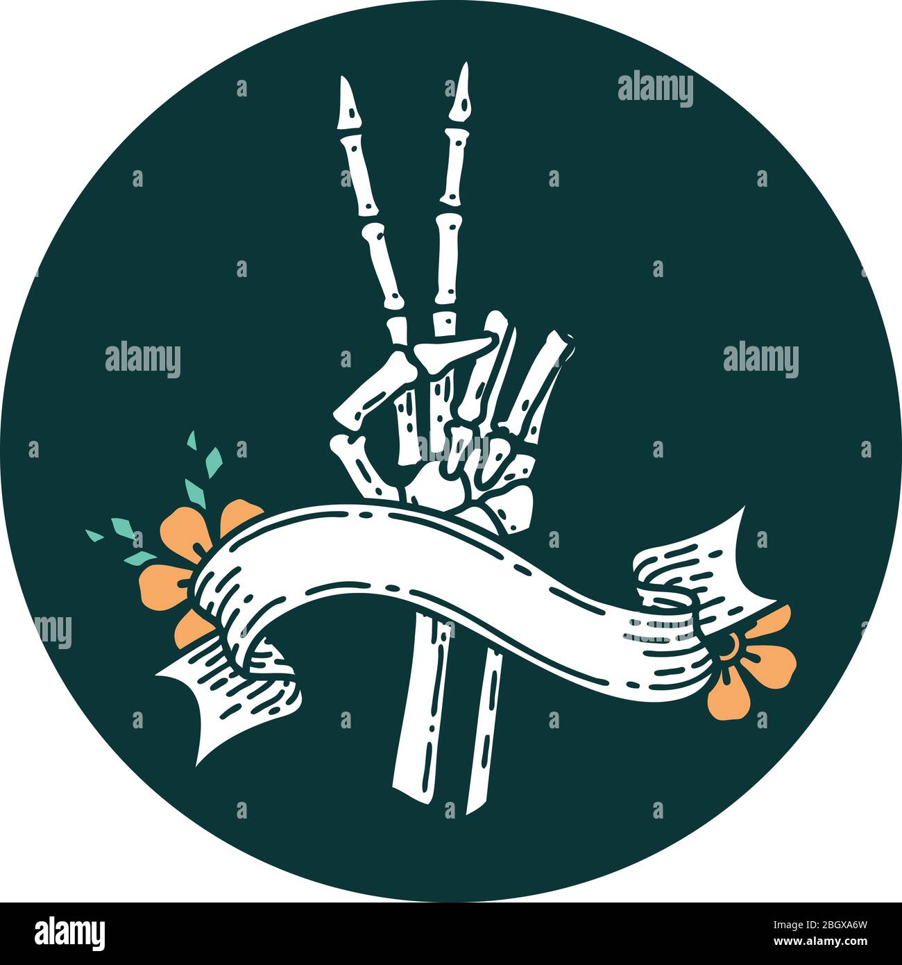 tattoo style icon with banner of a skeleton giving a peace sign Stock ...