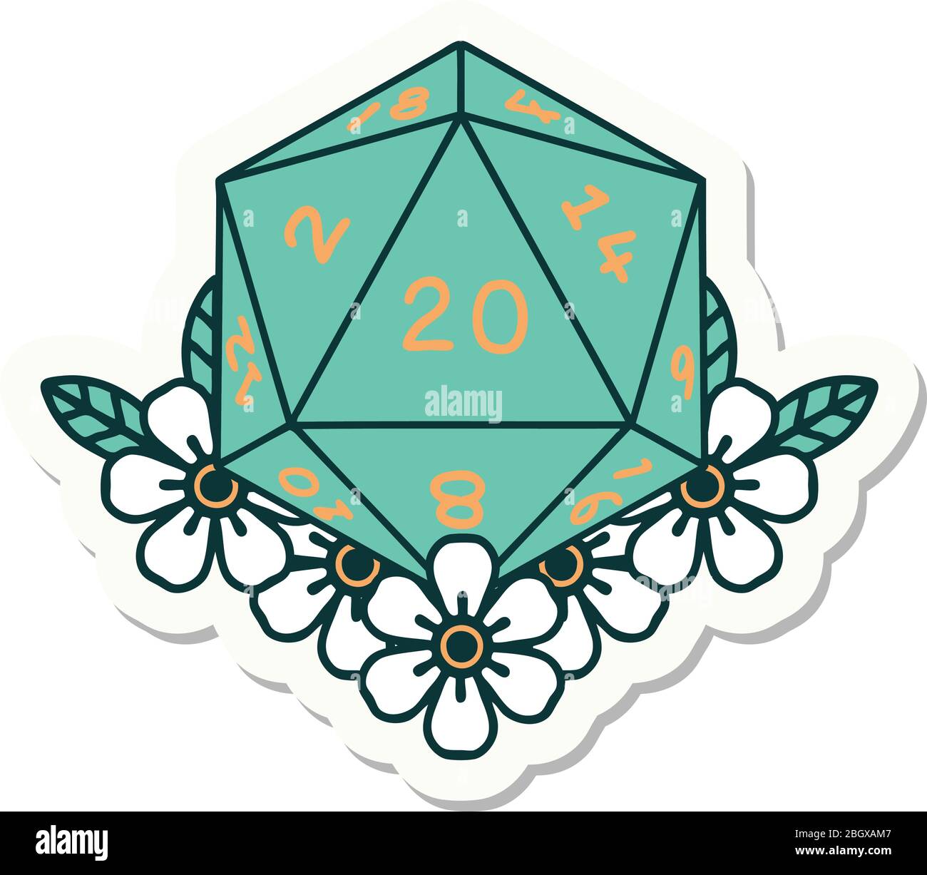 sticker of a natural 20 D20 dice roll with floral elements Stock Vector ...