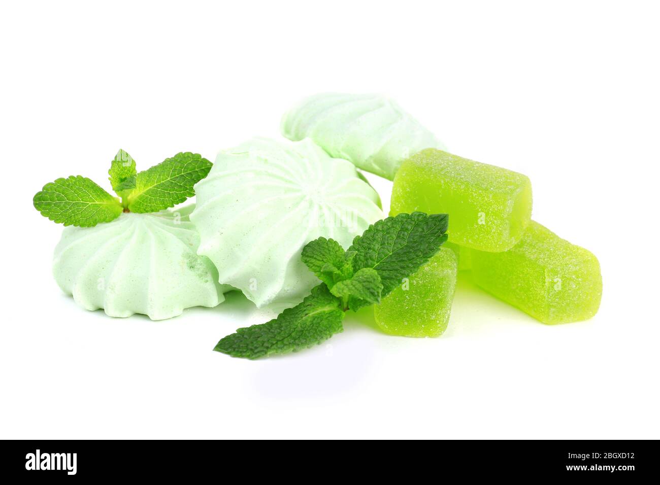 Mint color meringues and mint jelly candies isolated on white Stock ...