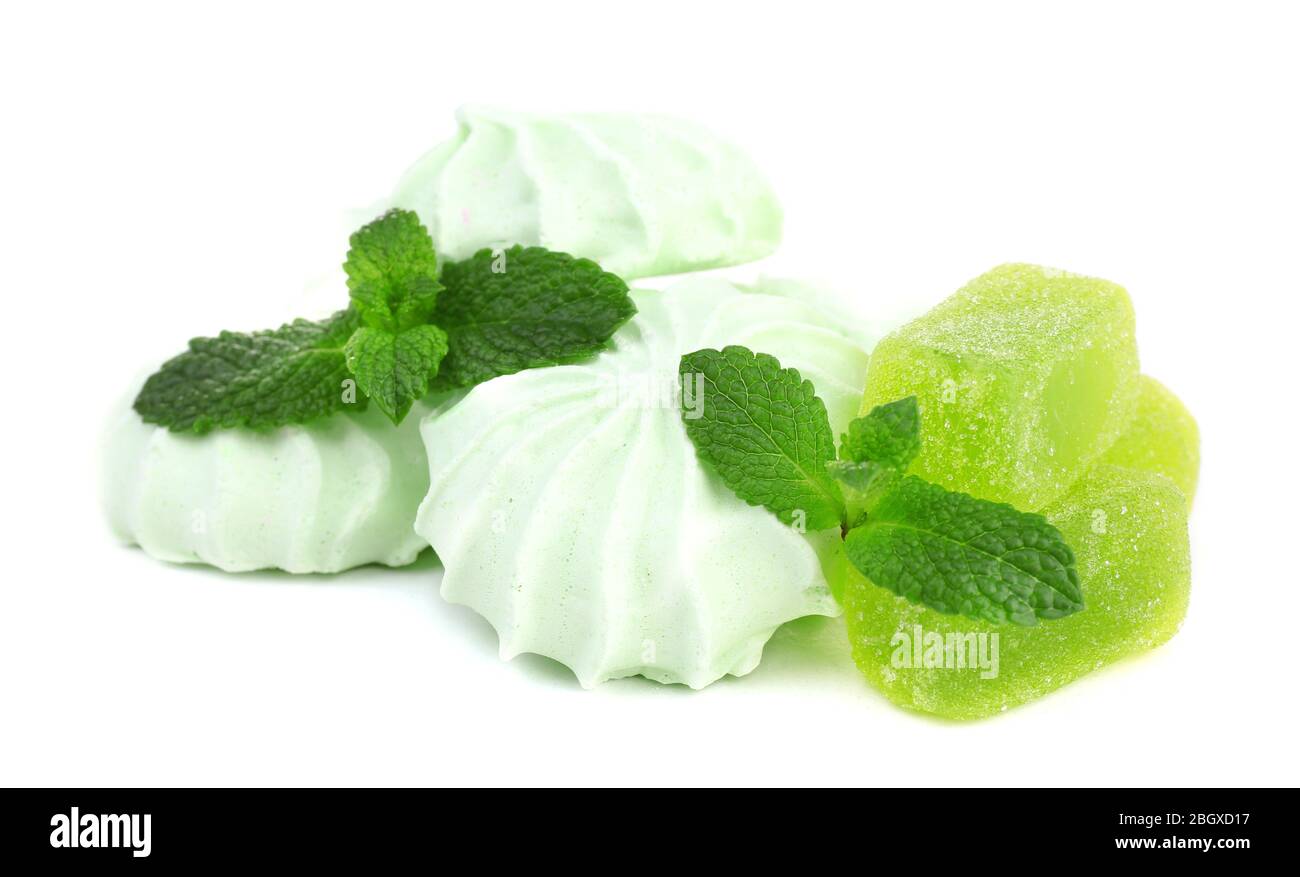 Mint color meringues and mint jelly candies isolated on white Stock ...