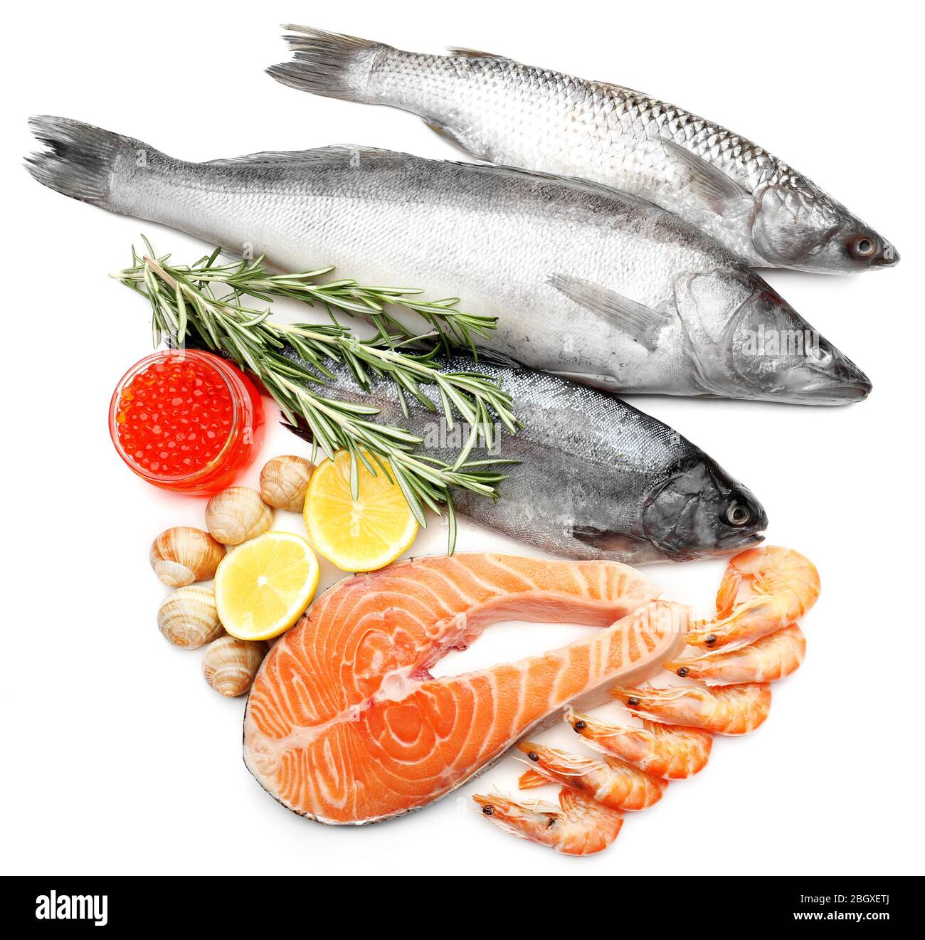 Fresh catch of fish and other seafood isolated on white Stock Photo - Alamy