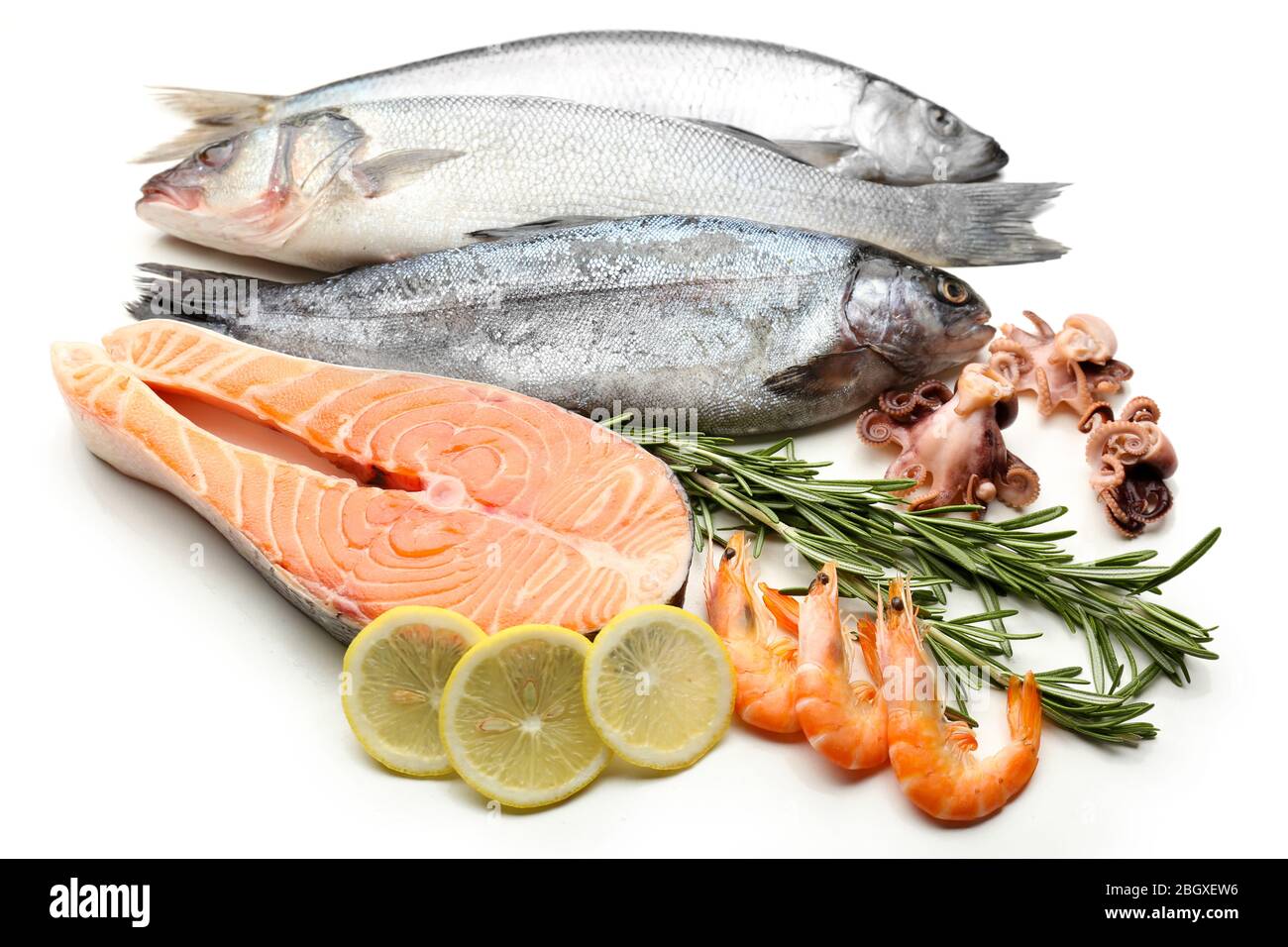 Fresh catch of fish and other seafood isolated on white Stock Photo - Alamy