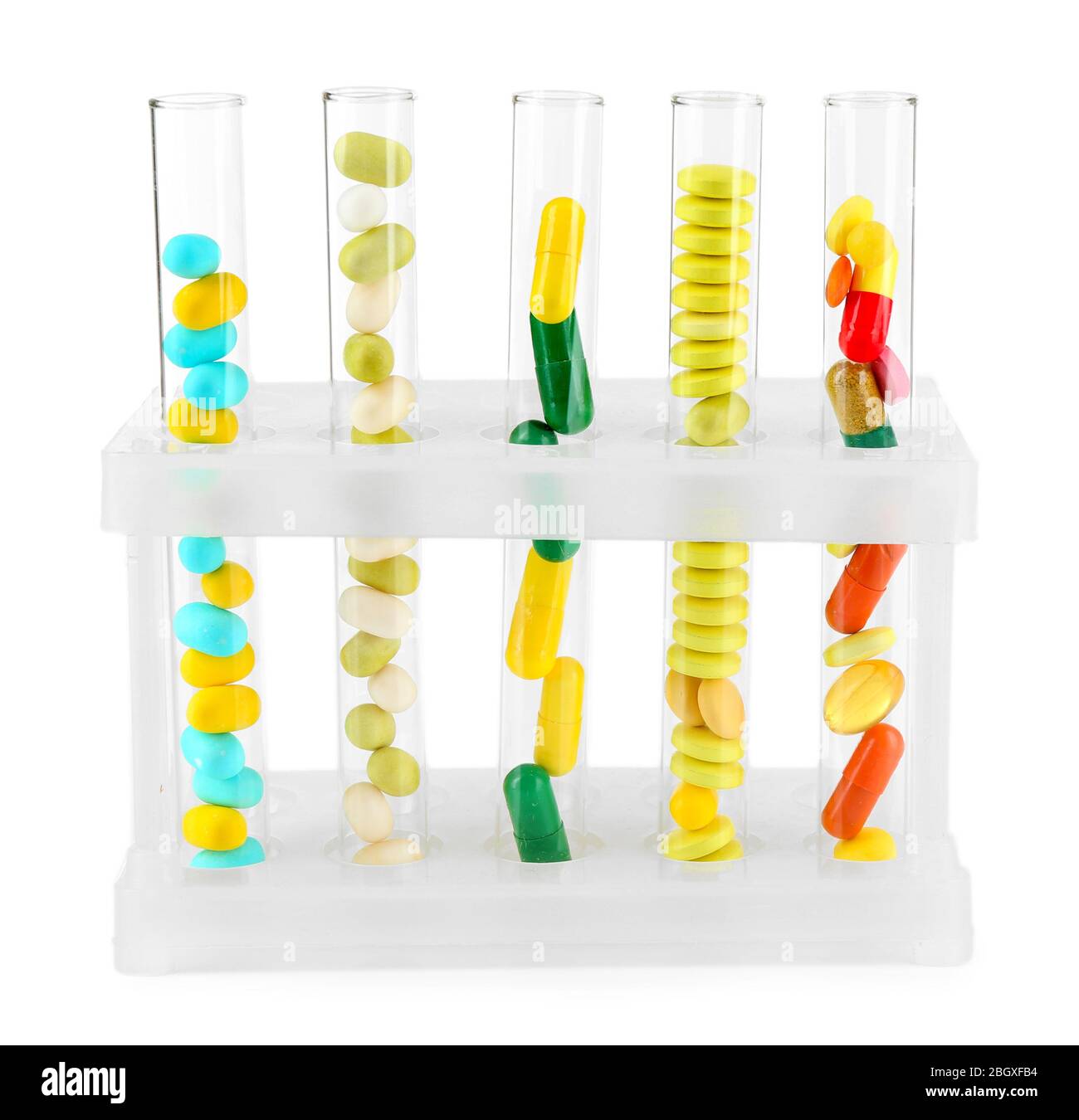Different color drugs in test tubes, isolated on white Stock Photo - Alamy