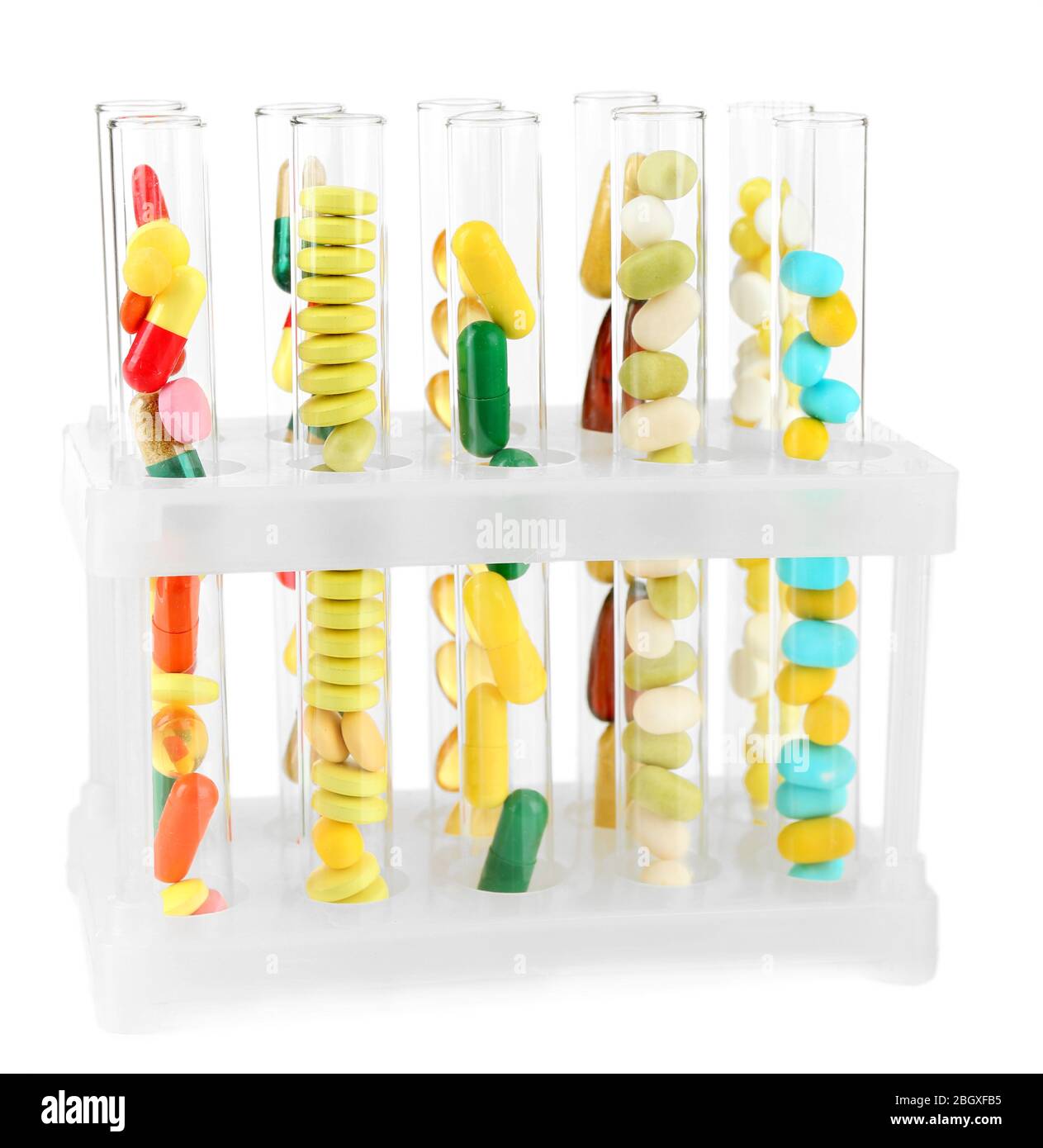 Different color drugs in test tubes, isolated on white Stock Photo - Alamy