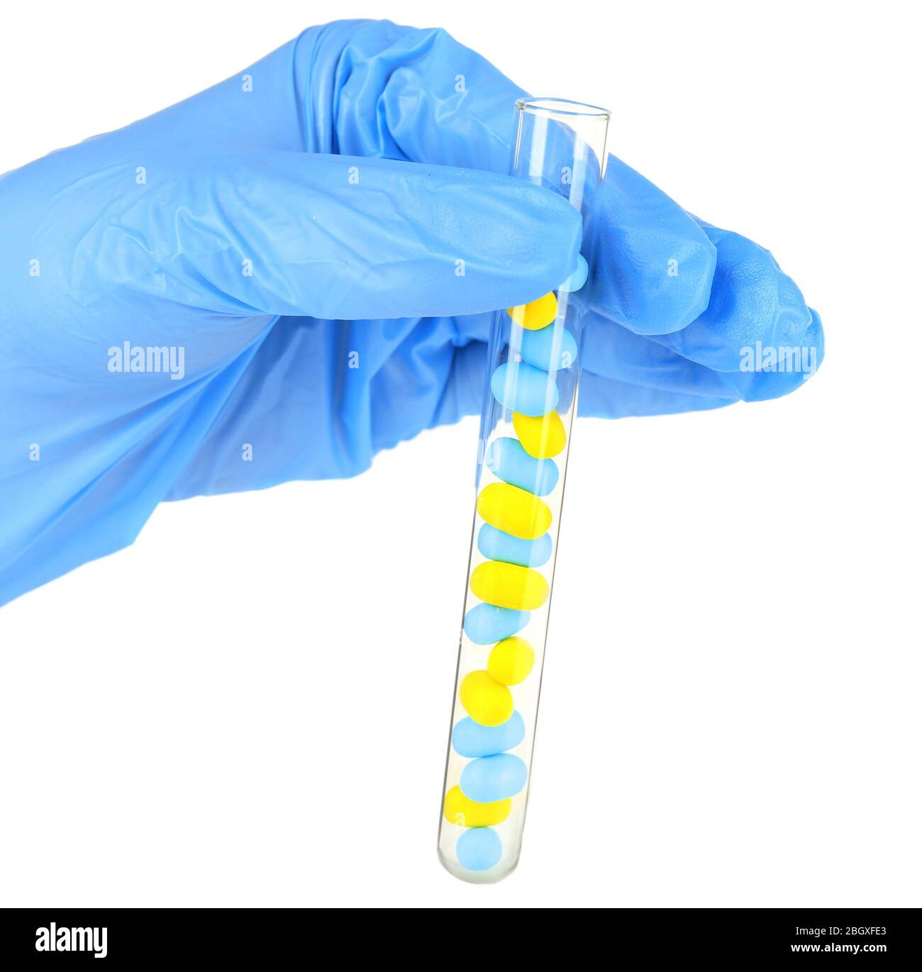 Hand holding test tube with different color drugs, isolated on white ...