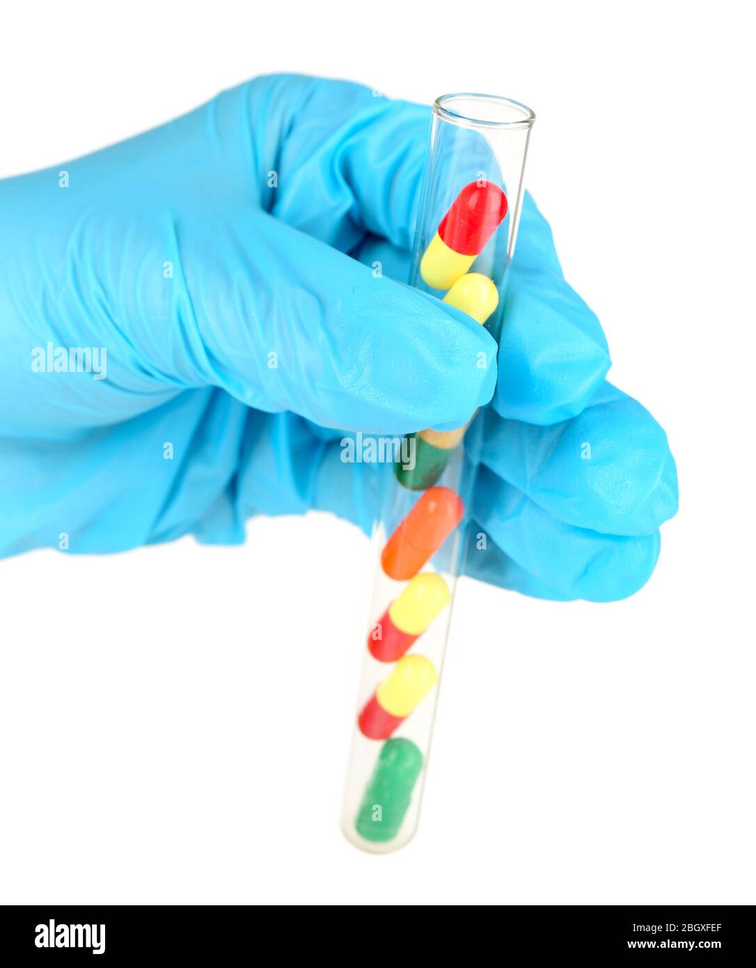 Hand holding test tube with different color drugs, isolated on white ...