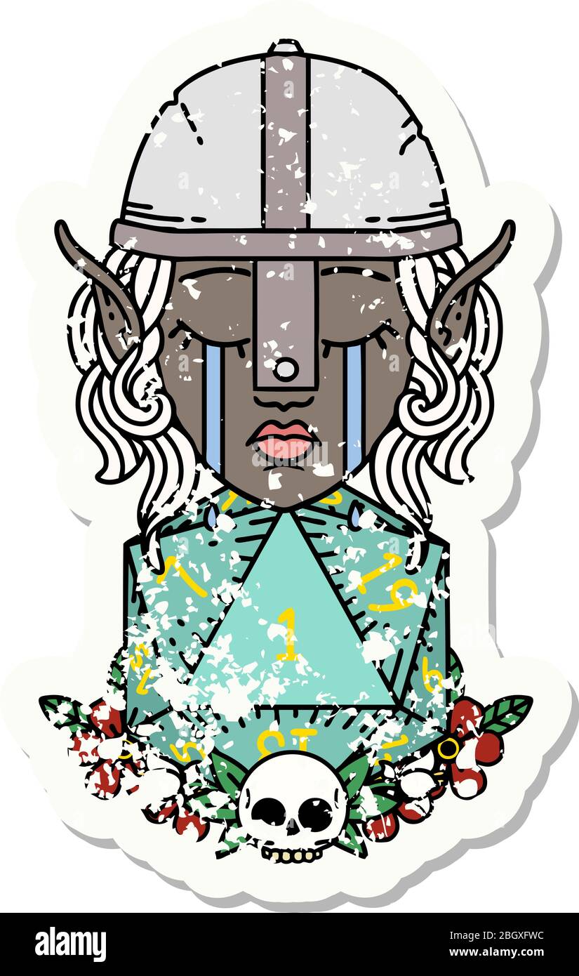 Retro Tattoo Style sad elf fighter character with natural one d20 roll ...