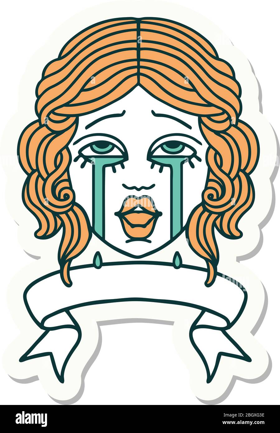 tattoo style sticker with banner of a very happy crying female face ...