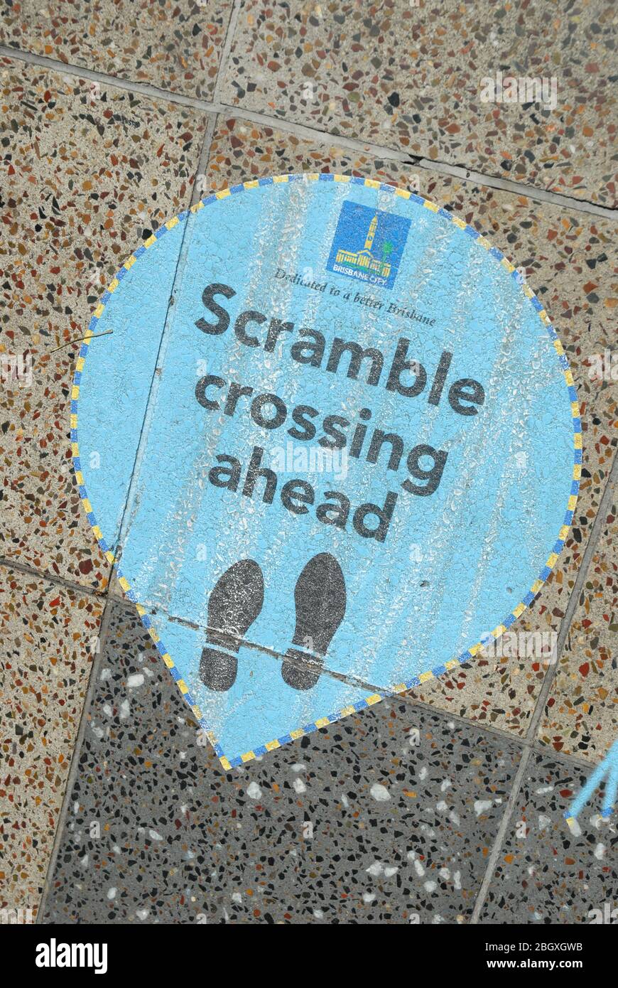 Scramble Crossing ahead sign on pavement, Brisbane, Queensland ...