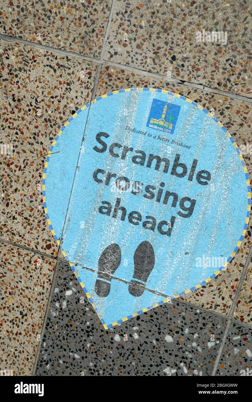 Scramble Crossing ahead sign on pavement, Brisbane, Queensland ...