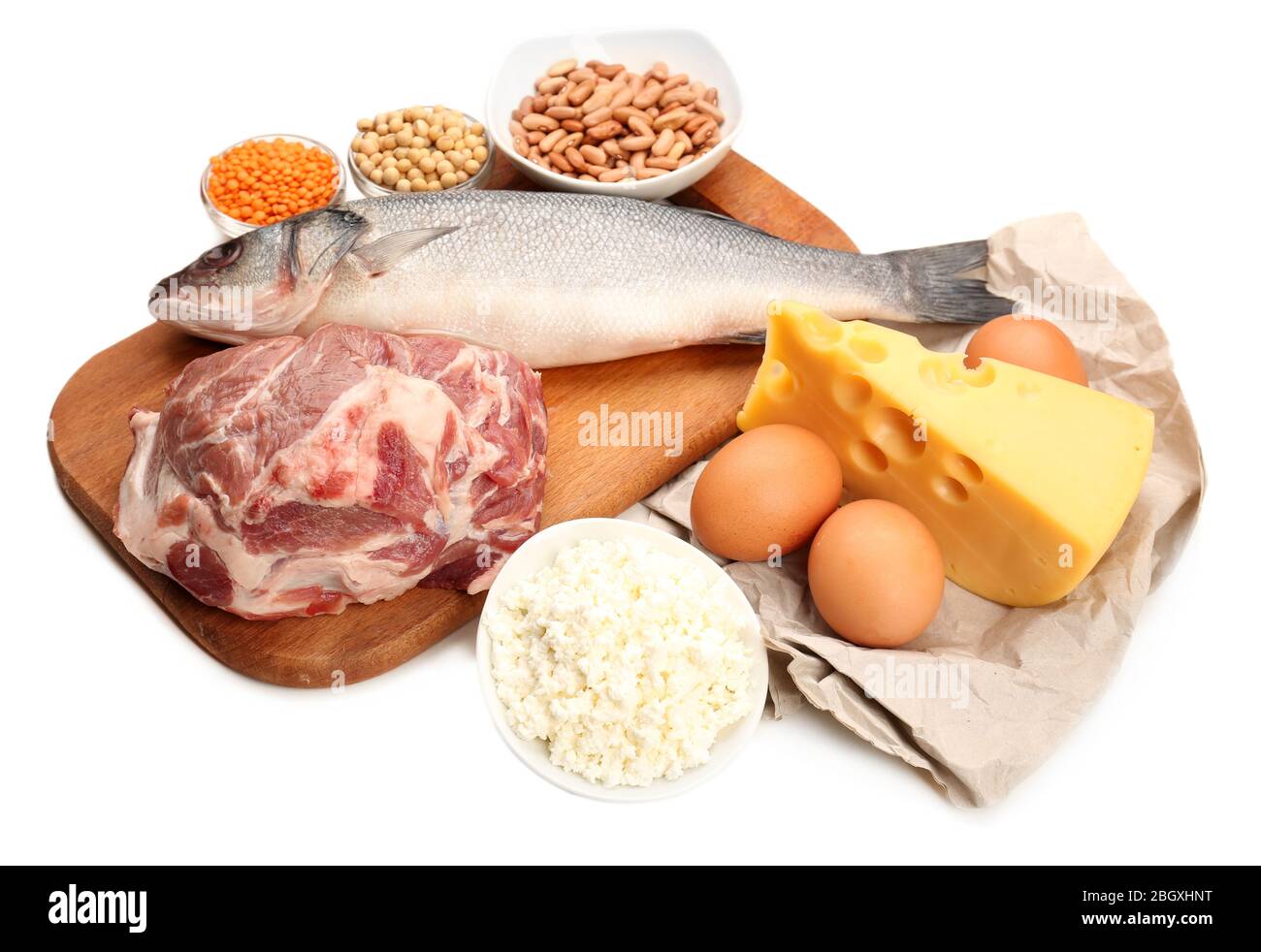 Food high in protein isolated on white Stock Photo - Alamy