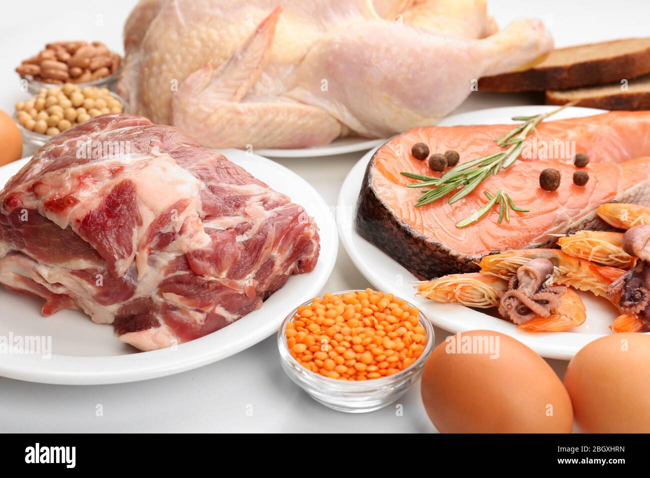Food high in protein close-up Stock Photo - Alamy