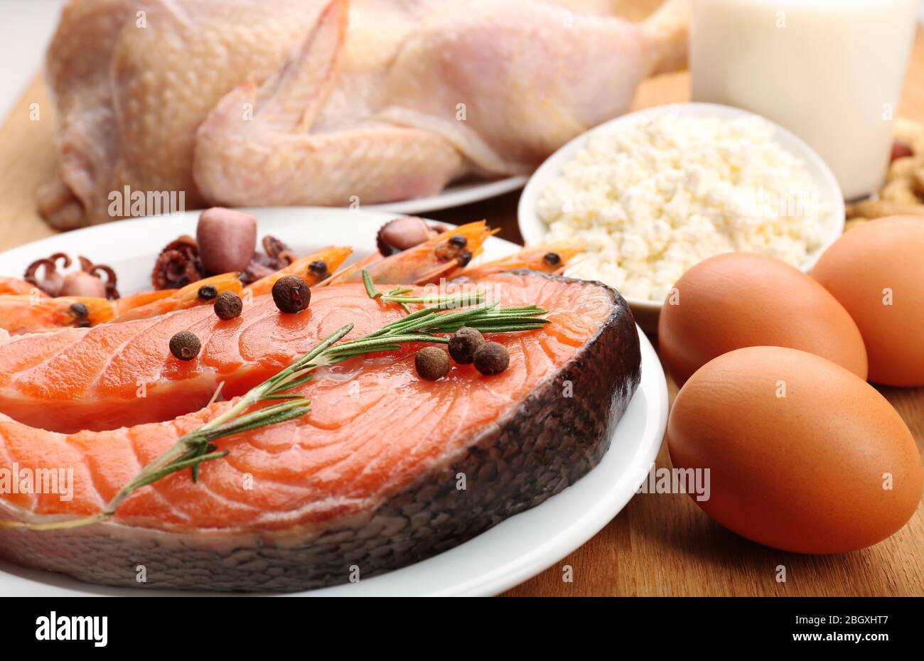 Food high in protein on table, close-up Stock Photo - Alamy