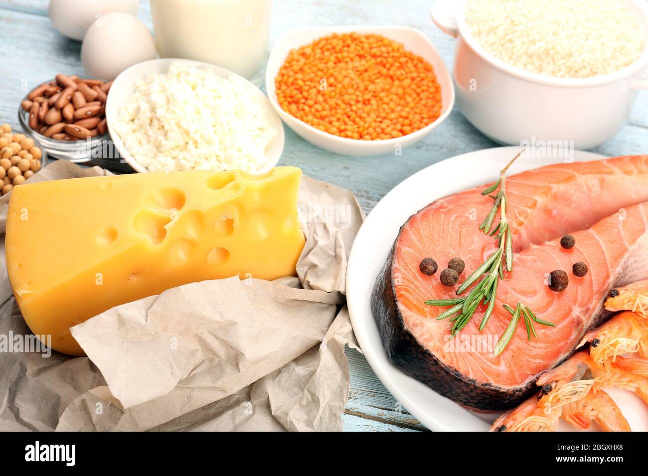 Food high in protein on table, close-up Stock Photo - Alamy