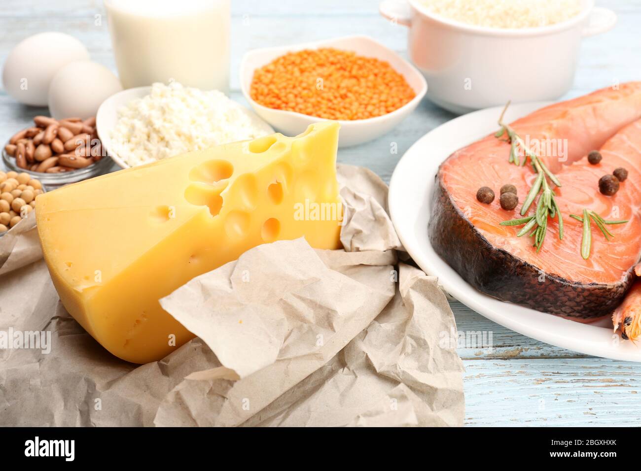 Food high in protein on table, close-up Stock Photo - Alamy
