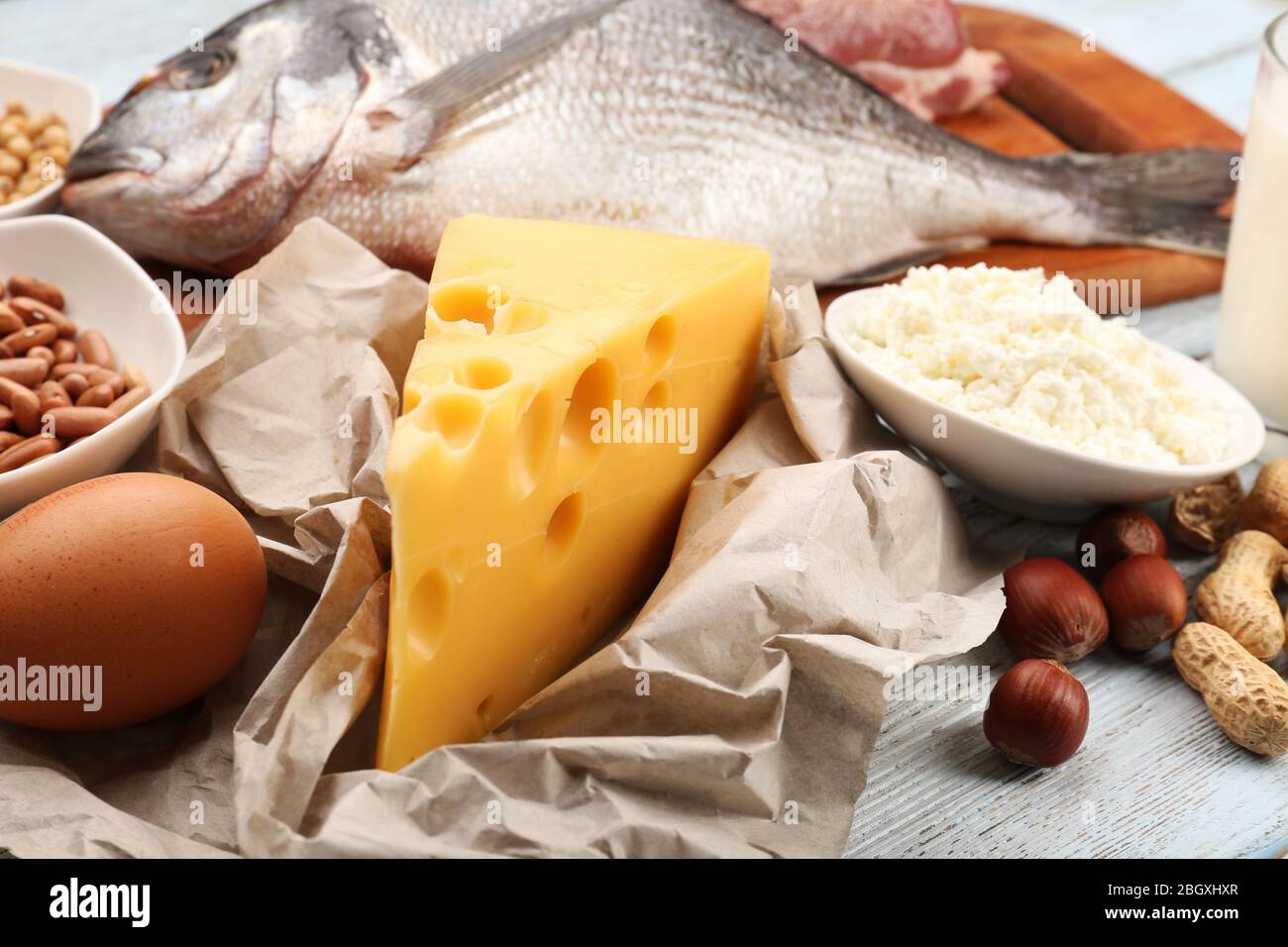 Food high in protein on table, close-up Stock Photo - Alamy