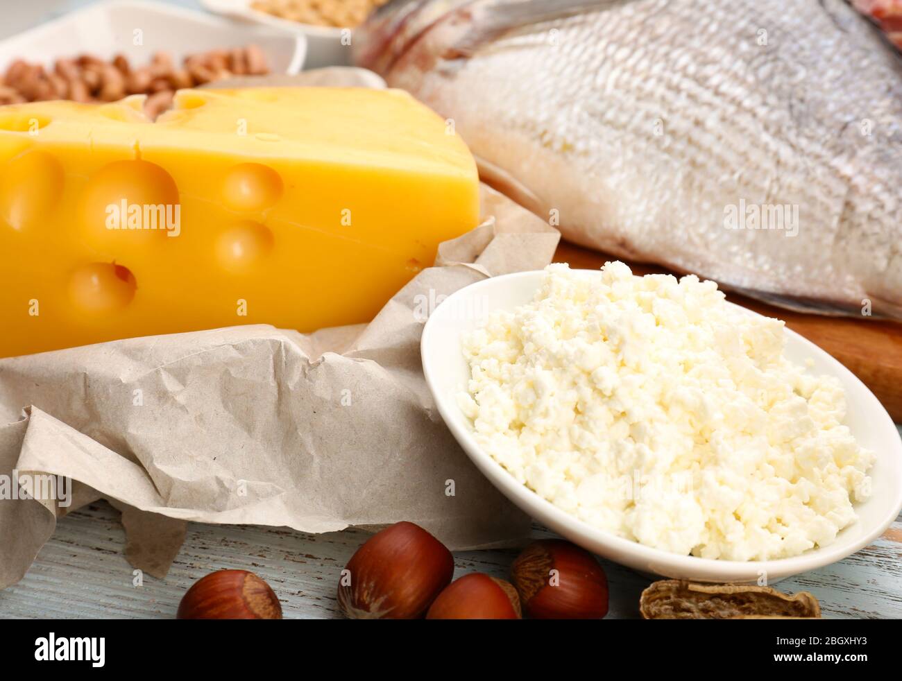 Food high in protein on table, close-up Stock Photo - Alamy