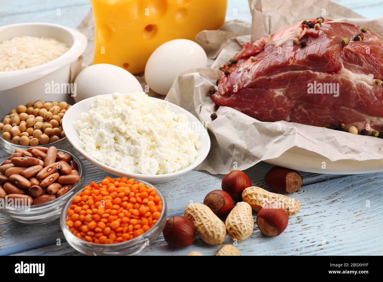 Food high in protein on table, close-up Stock Photo - Alamy
