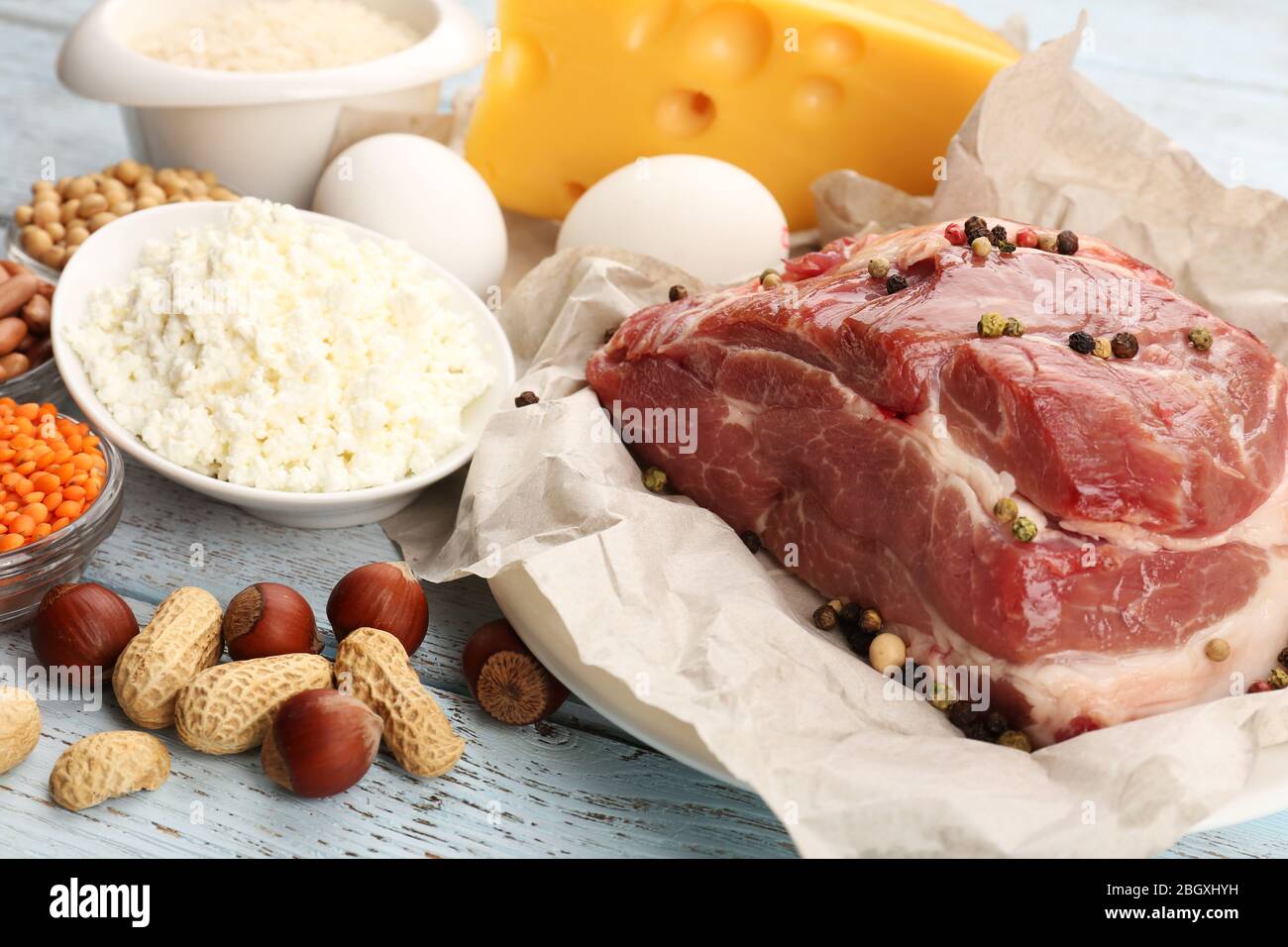 Food high in protein on table, close-up Stock Photo - Alamy