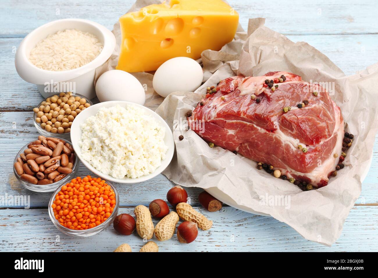 Food high in protein on table, close-up Stock Photo - Alamy