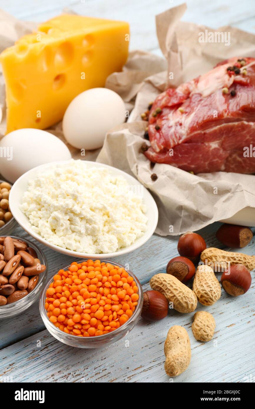 Food high in protein on table, close-up Stock Photo - Alamy