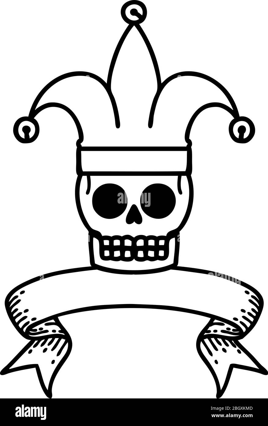 traditional black linework tattoo with banner of a skull jester Stock ...