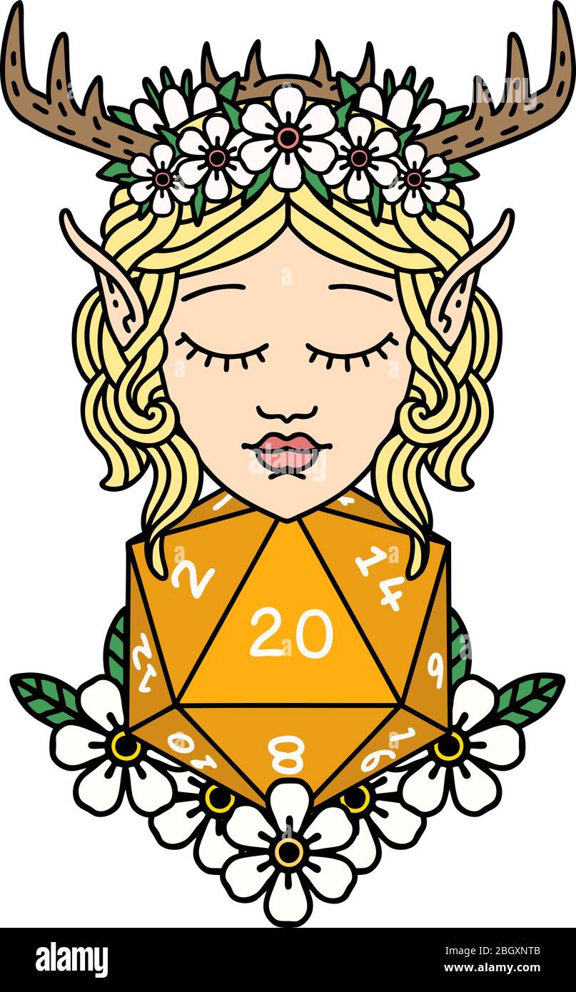 Retro Tattoo Style elf druid character with nautral twenty dice roll ...