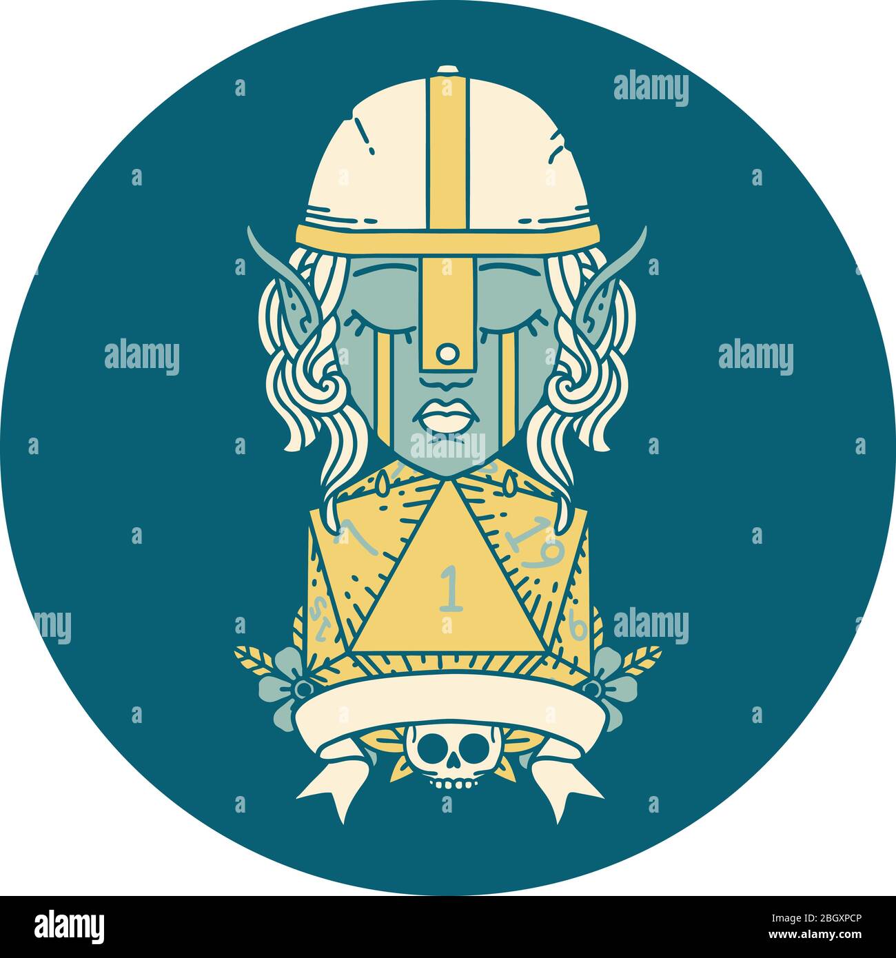 Retro Tattoo Style crying elf fighter character face with natural one ...