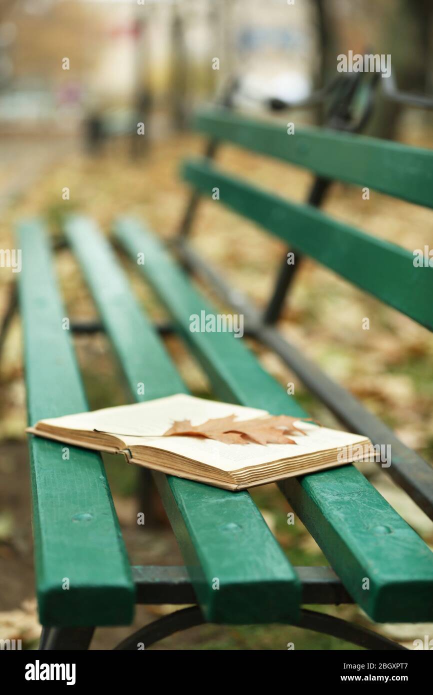 Open book with leaf lying on the bench in autumn park Stock Photo - Alamy