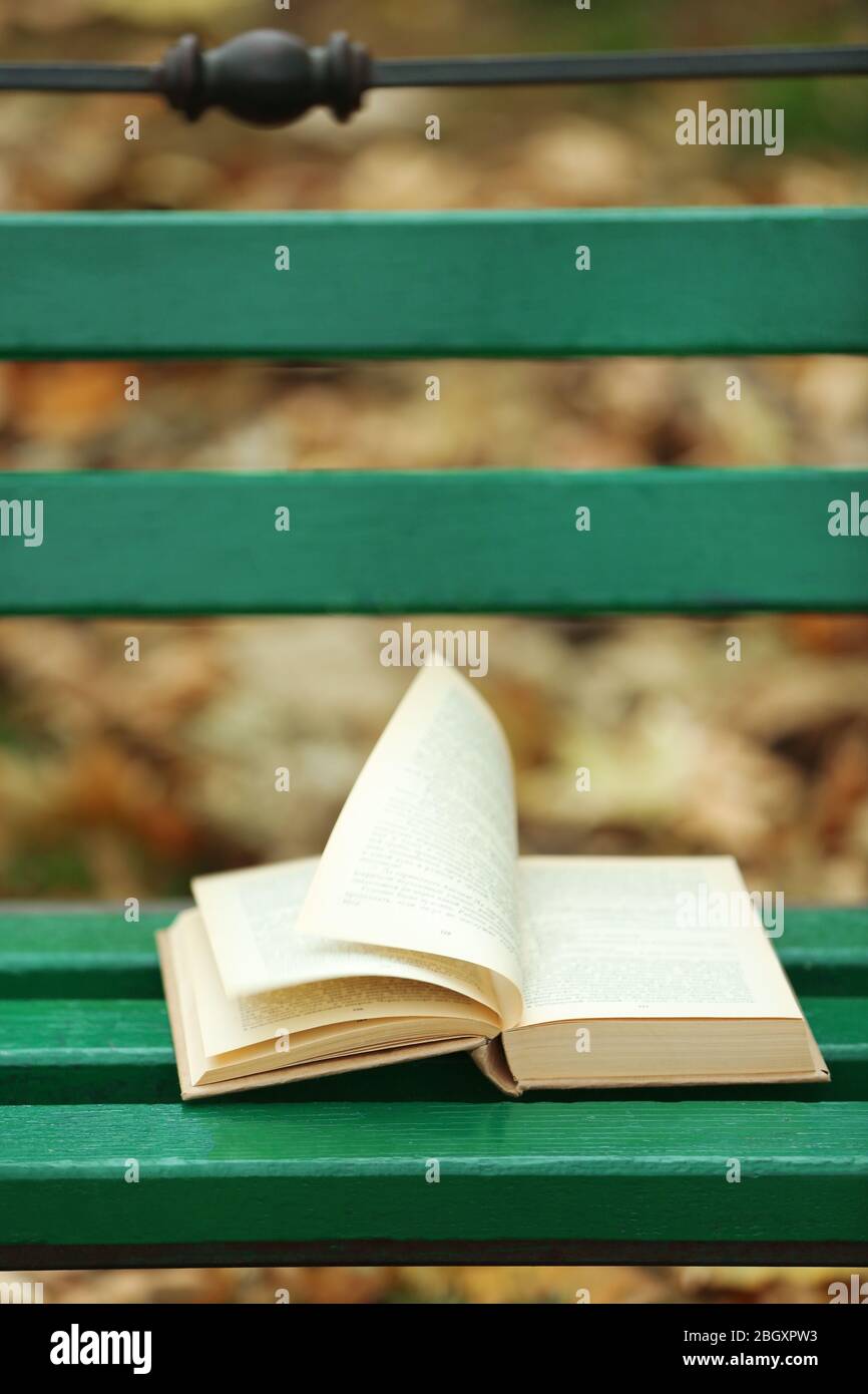 Open book with leaf lying on the bench in autumn park Stock Photo - Alamy
