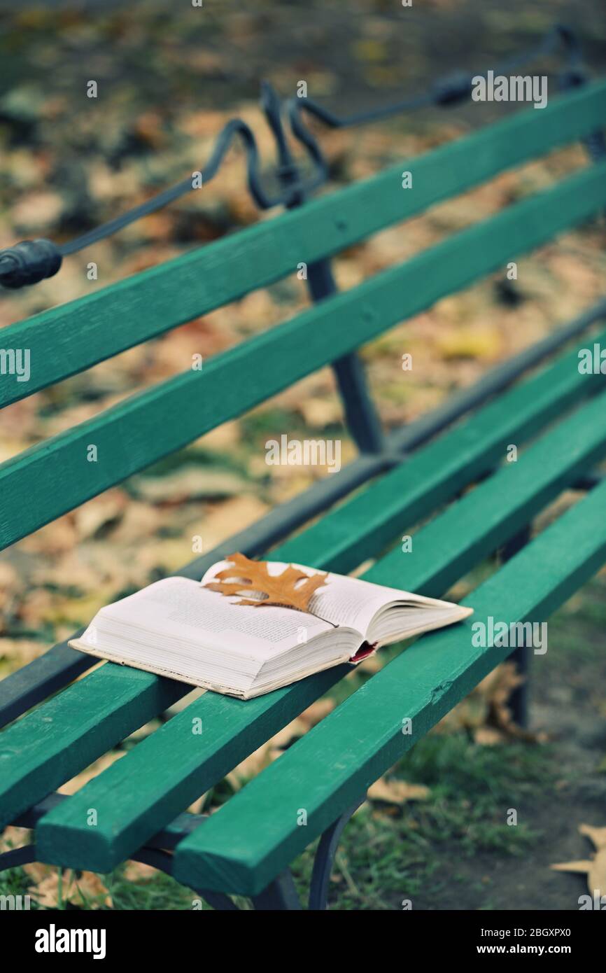 Open book with leaf lying on the bench in autumn park Stock Photo - Alamy