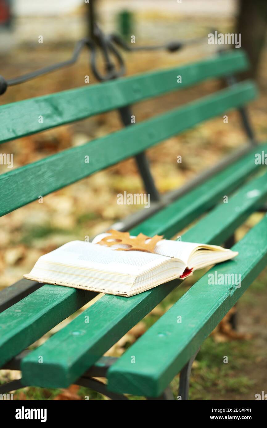 Open book with leaf lying on the bench in autumn park Stock Photo - Alamy