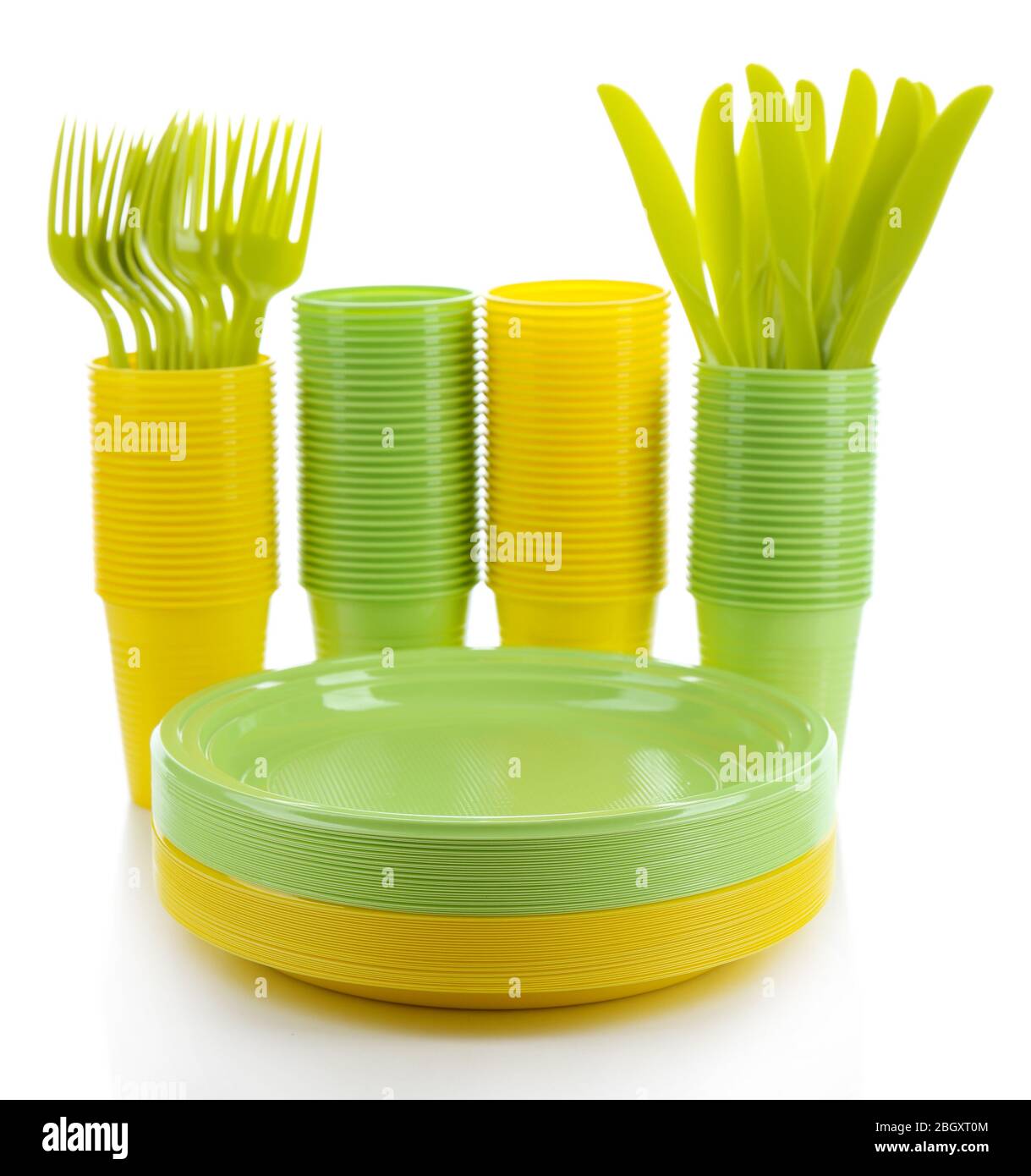 Bright plastic disposable tableware isolated on white Stock Photo - Alamy