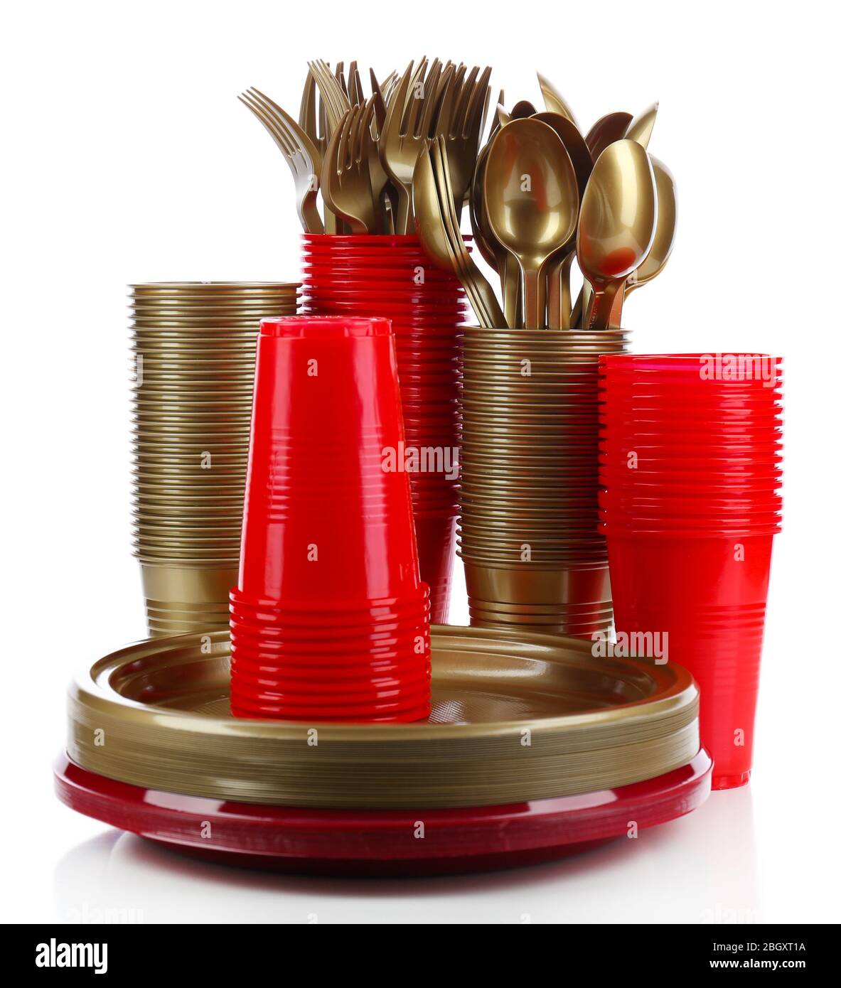 Bright plastic disposable tableware isolated on white Stock Photo - Alamy