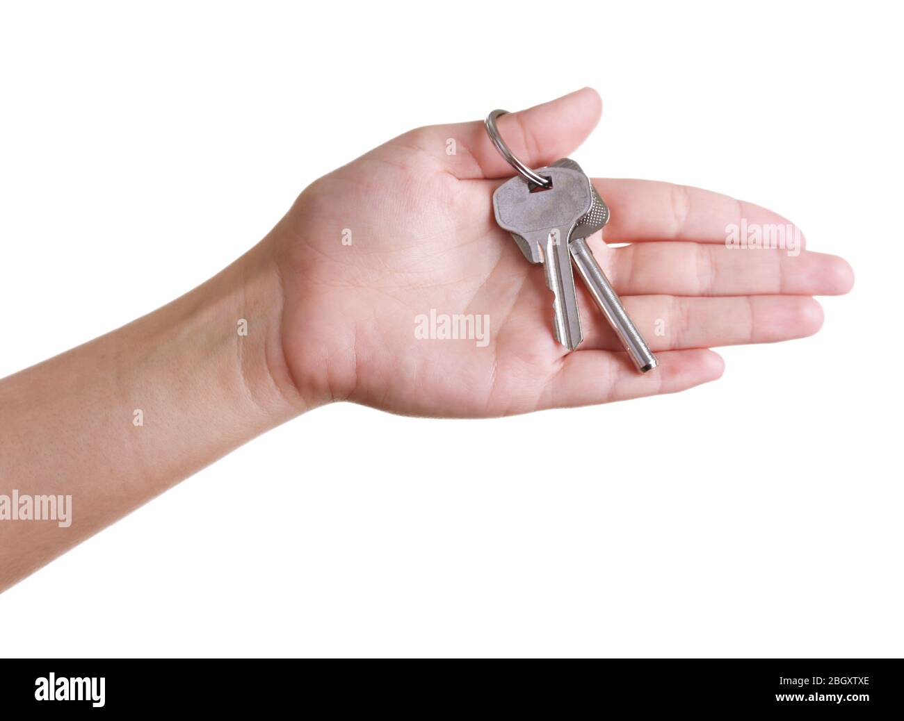 Keys in hand isolated on white Stock Photo - Alamy