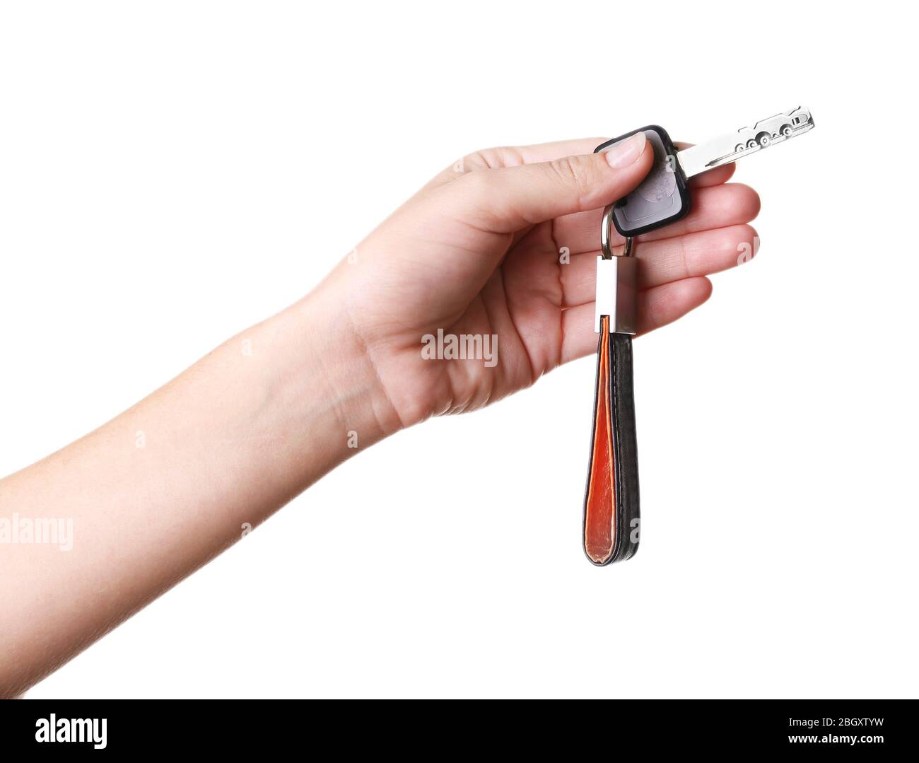 Hand holding key with strap isolated on white Stock Photo - Alamy