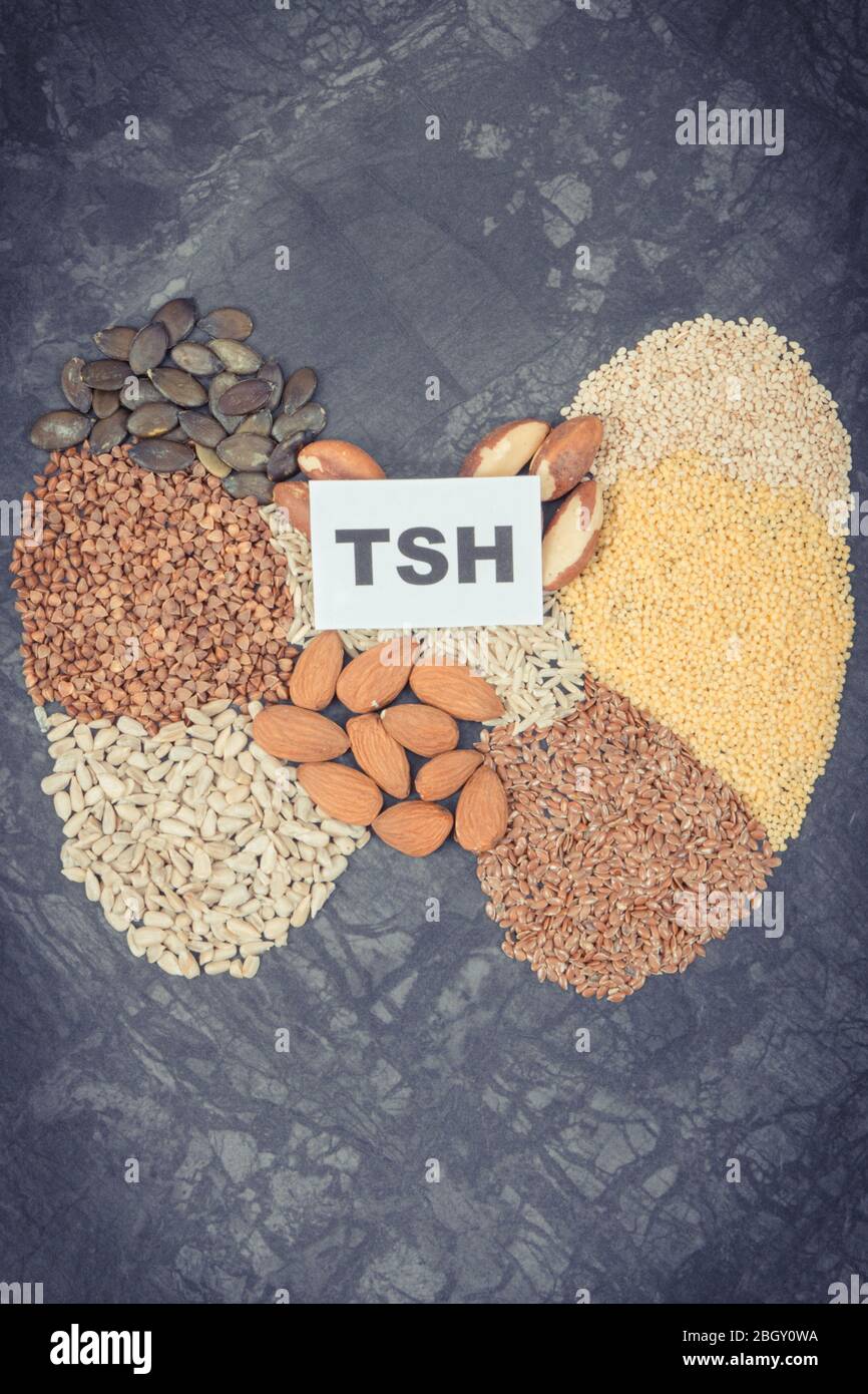 Nutritious natural ingredients in shape of thyroid. Healthy food as ...