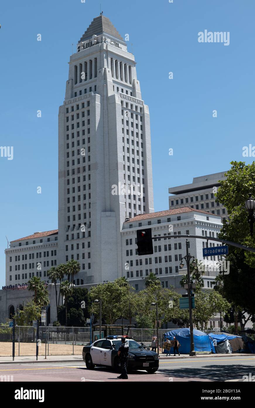 Los Angeles, CA/USA - April 22, 2020: Police block streets around Los ...