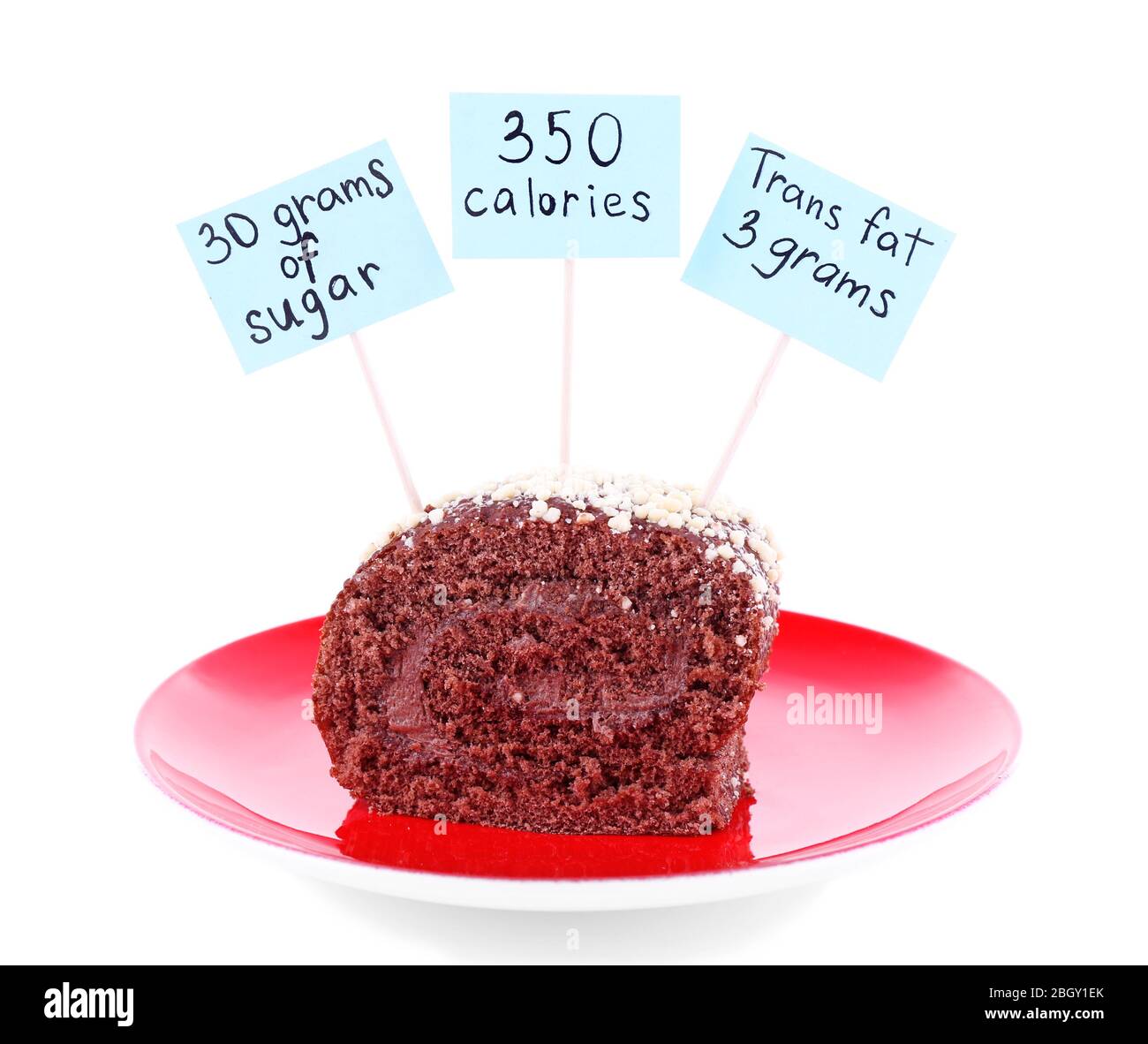 Chocolate roll with calories count labels on color plate isolated on ...