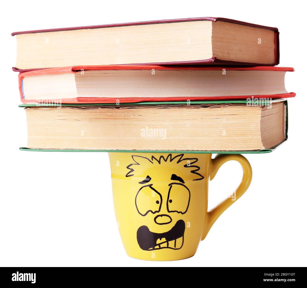 Emotional cup with books on it, isolated on white Stock Photo - Alamy