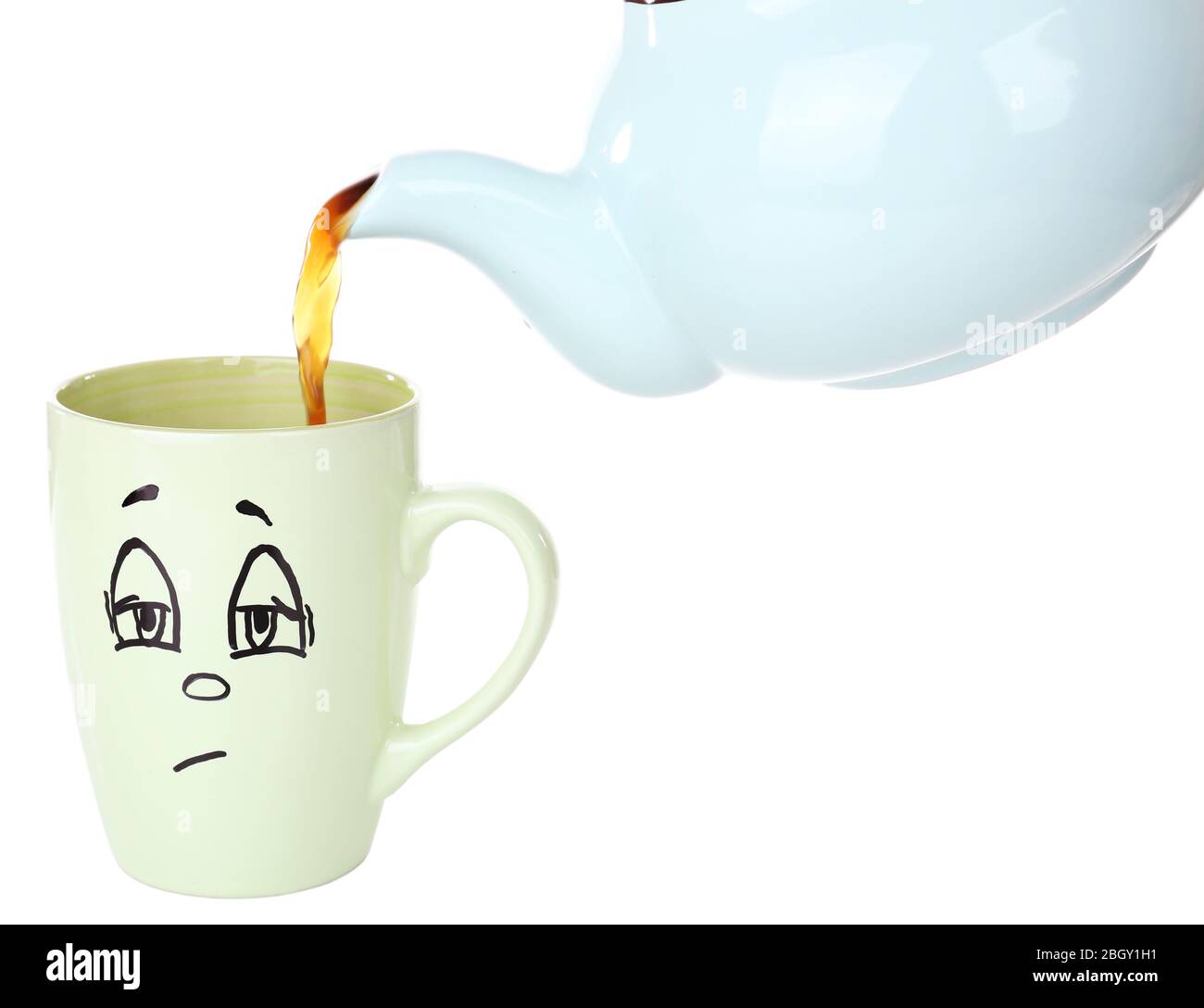 Teapot pouring tea into emotional cup, isolated on white Stock Photo ...