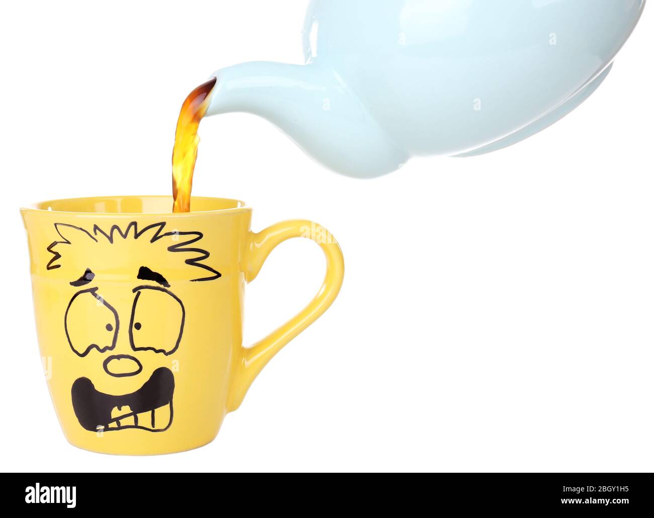 Teapot pouring tea into emotional cup, isolated on white Stock Photo ...