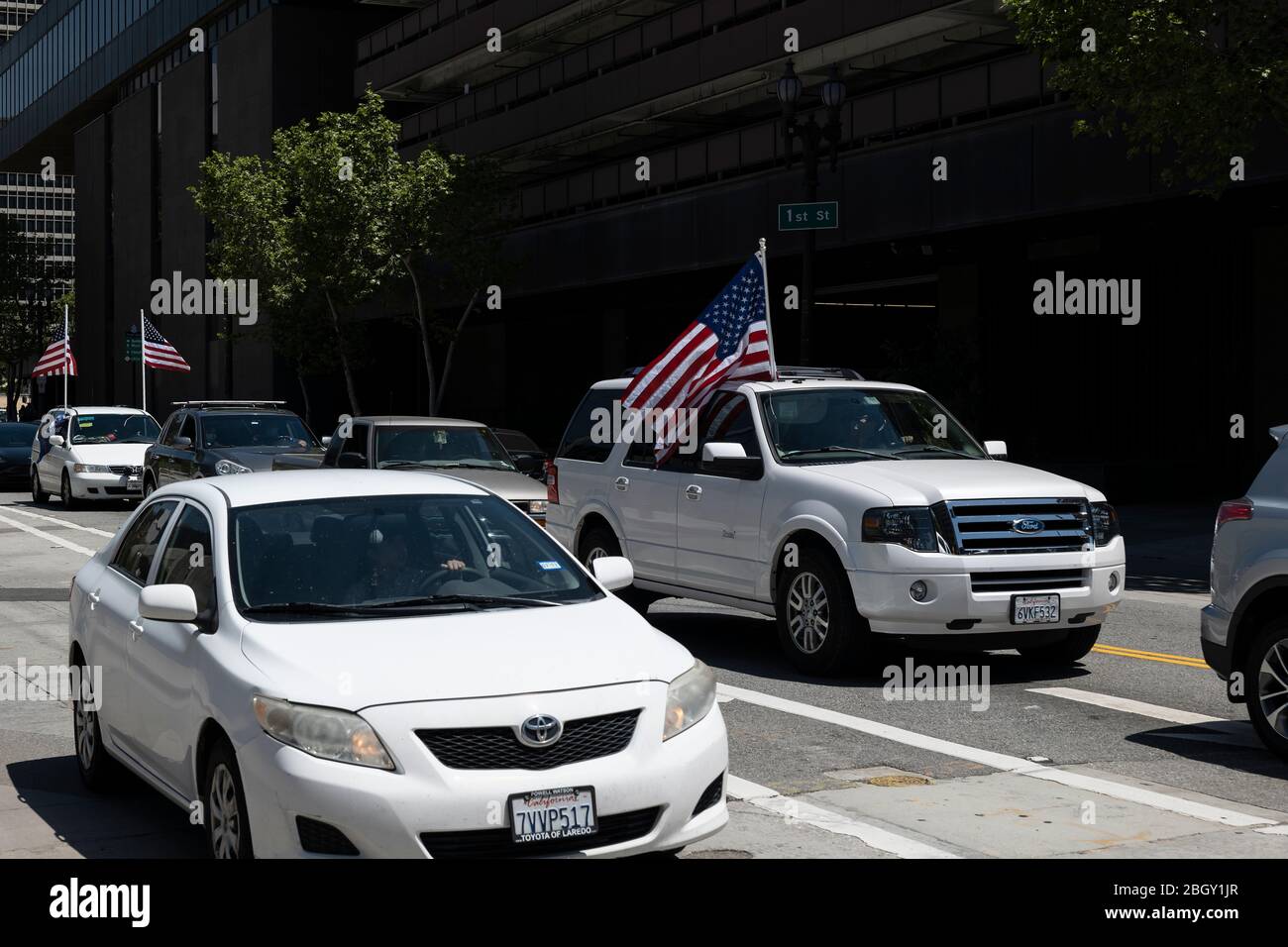 Los Angeles, CA/USA - April 22, 2020: Protesters in cars block streets ...
