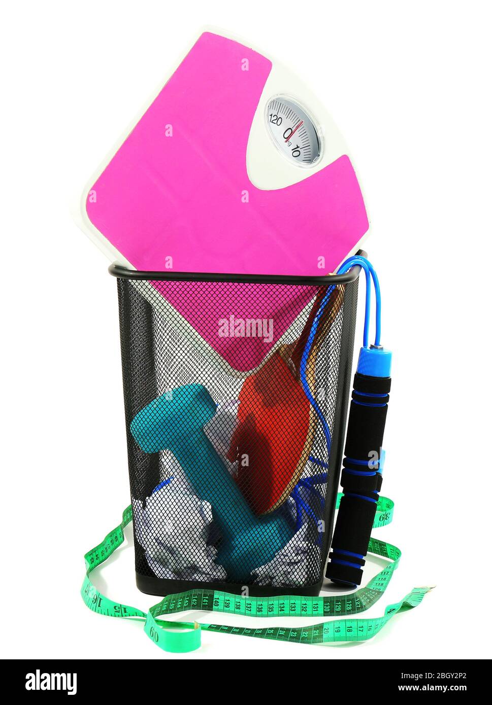Metal trash bin with sport equipment, crumpled paper and weight scale ...