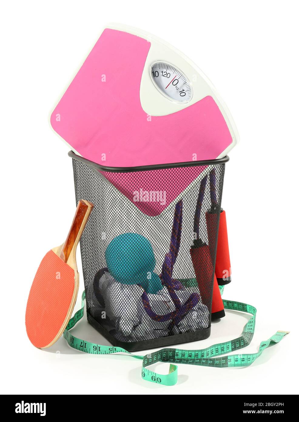 Metal trash bin with sport equipment, crumpled paper and weight scale ...